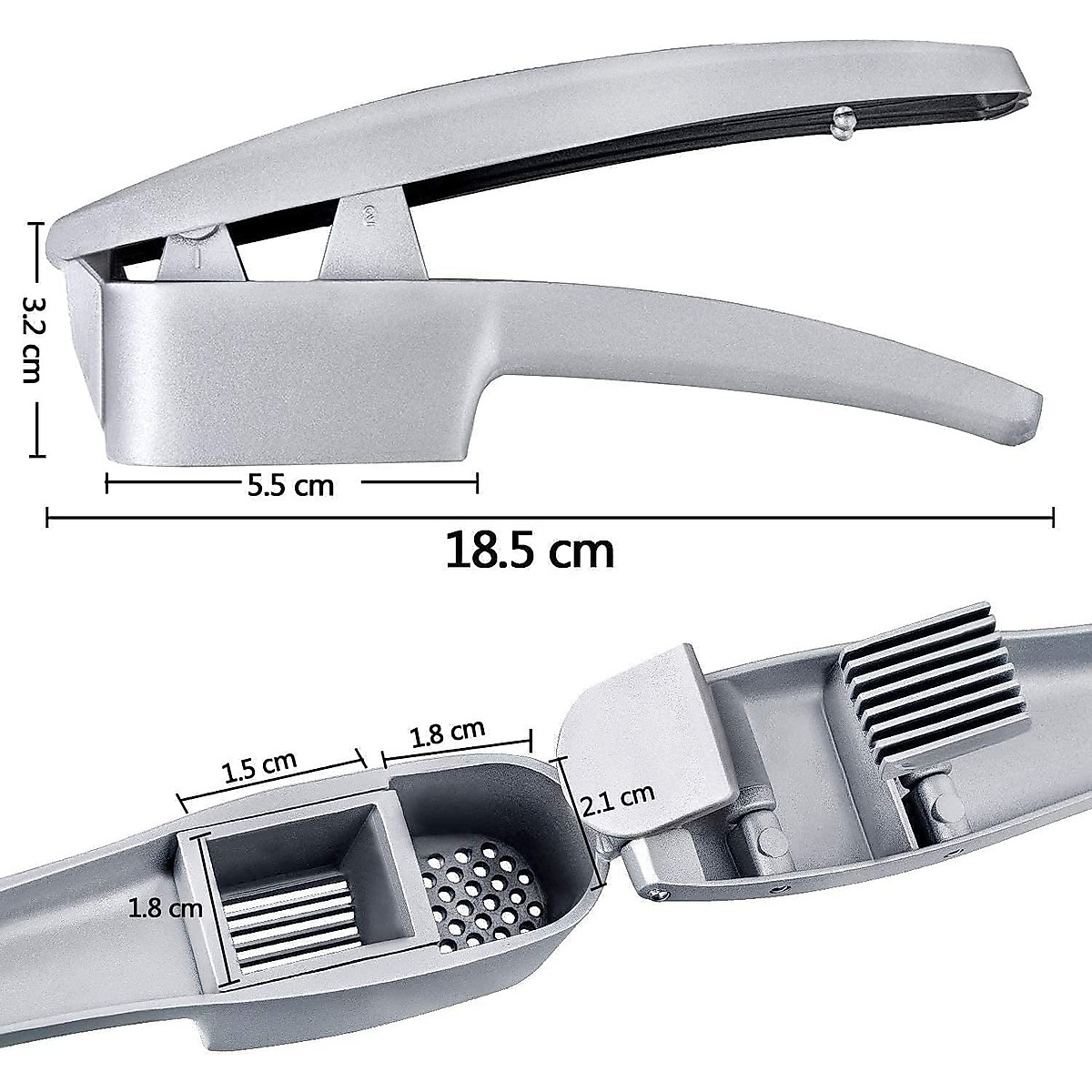 Garlic Press, 2 in 1 Garlic Mince and Garlic Slice with Garlic Cleaner Brush and Silicone Tube Peeler Set, Easy Squeeze, Rust Proof, Dishwasher Safe