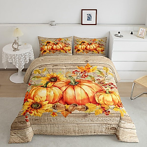 Happy Thanksgiving Fall Harvest Comforter Set Farm Leaves With Pumpkin Quilt Queen, Rustic Barn Door Bedding Set Autumn Maple Farmhouse Duvet Insert For Kids Boys Girls Teens Adult, Brown Gold