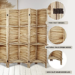 ECOMEX Room Divider 6 Panel, Wood Folding Room Divider Screen, Room Divider with Shelves and Easy Move Partition, Freestanding Room Screen Divider with Display Shelves (Natural Color)