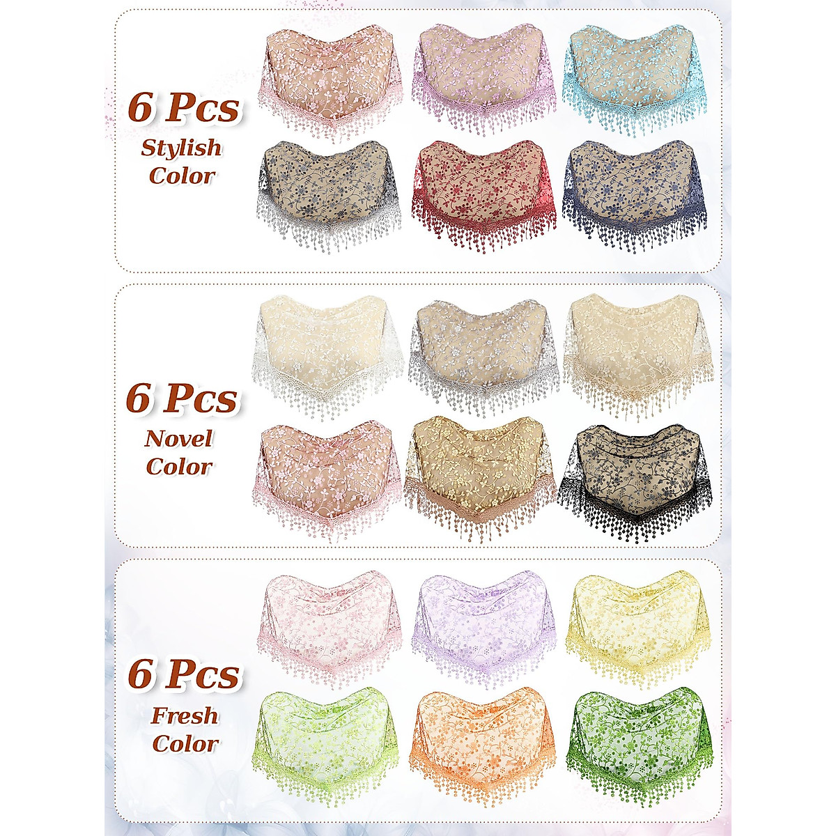 Zhanmai 6 Pcs Veils for Church Catholic Mass Veils for Women Catholic Lace Triangle Lace Mantilla Floral Tulle Scarf Covering (Novel Color)