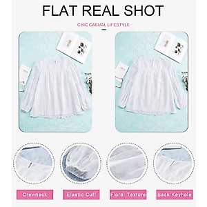 Dokotoo Women’s Floral Textured Babydoll Blouses for Women Lantern Long Sleeve Crewneck Summer Lace Tops Casual Loose Flowy Shirts for Women White Medium