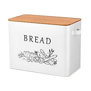 TeamFar Bread Box with Wooden Lid, 13.1” x 7.2” x 9.7” Metal Bread Container Storage Holder for Family Farmhouse Kitchen Countertop, Powder-Coated & Healthy, Large Capacity & Classic Pattern (White)