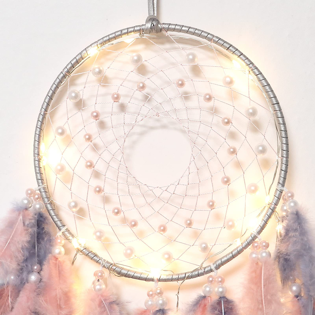 KHOYIME LED Dream Catcher Light Up Handmade Feather Dreamcatchers Boho Wall Hanging for Girls Kids Bedroom Bohemian Home Decor Wedding Ornament Craft Gift (Pink&Grey)