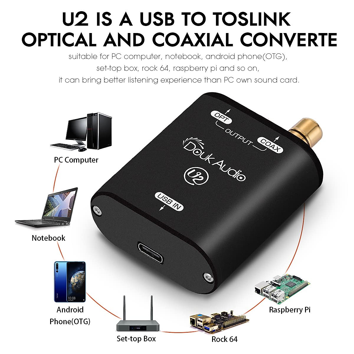 Douk Audio U2 XMOS XU208 Digital Interface, USB to TOSLINK Coaxial/Optical Audio Adapter, for DAC/Preamp/Amplifier, Support PCM & DSD64 (Upgrade Version)