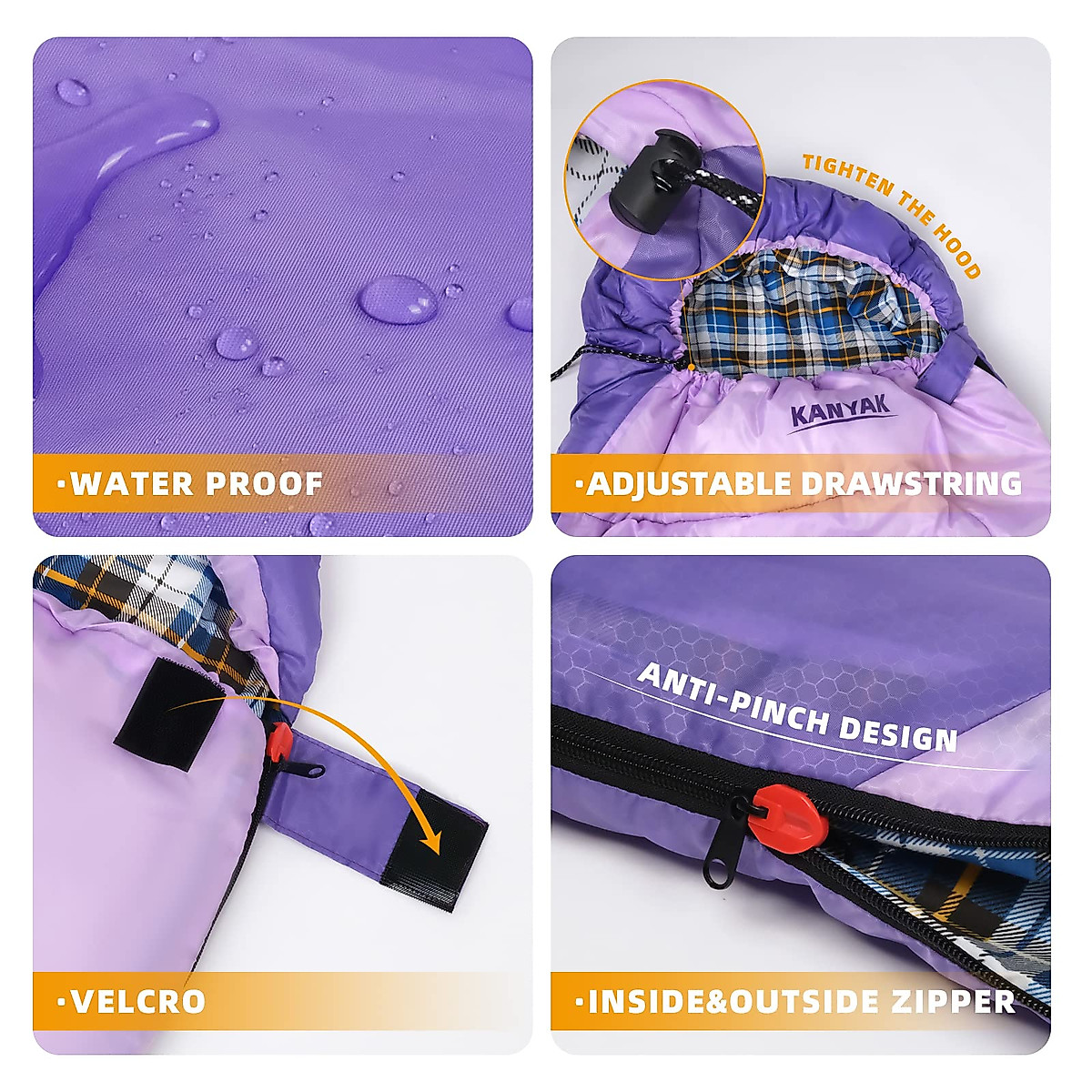 KANYAK Water-Resistant Portable Purple Sleeping Bag for Adults Teens and Kids, Perfect Outdoor Companion for 3-4 Season Hiking，Hunting，Camping and Backpacking