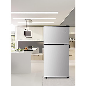 KRIB BLING Mini Fridge, Compact Refrigerator Small Refrigerator 7 Level Adjustable Thermostat Removable Shelves with Stainless Steel 2 door for Office Dorm Apartment 3.5 Cu.Ft Silver