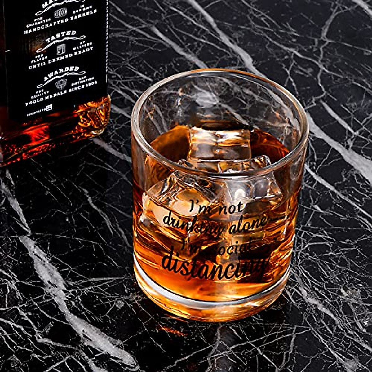I'm Not Drinking Alone I'm Social Distancing Whiskey Glass, Funny Old Fashioned Whiskey Rock Glasses, Quarantine Gifts for Wine Lover Bourbon Lovers Friends Women Men, Birthday Christmas Gag Gift 10Oz