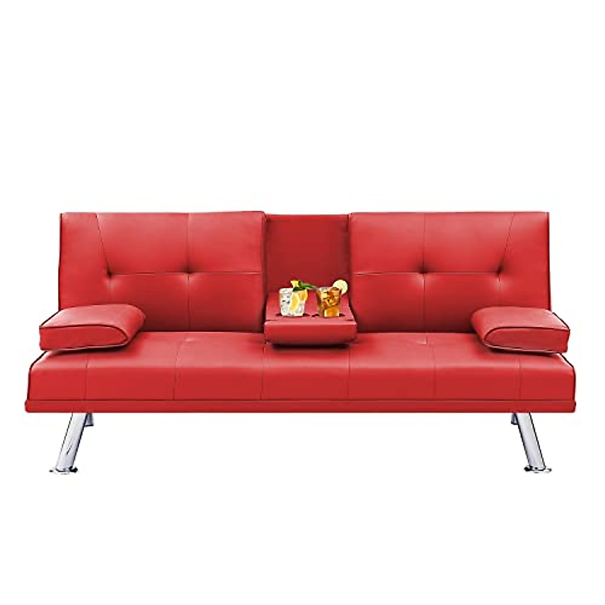 DKLGG Convertible Futon Sofa Bed, Reclining Lounge Couch Sofa with Armrests, 2 Cup Holders Faux Leather Upholstered and Metal Legs Sleeper Sofa Perfect for Living Room, Small Space, Apartment