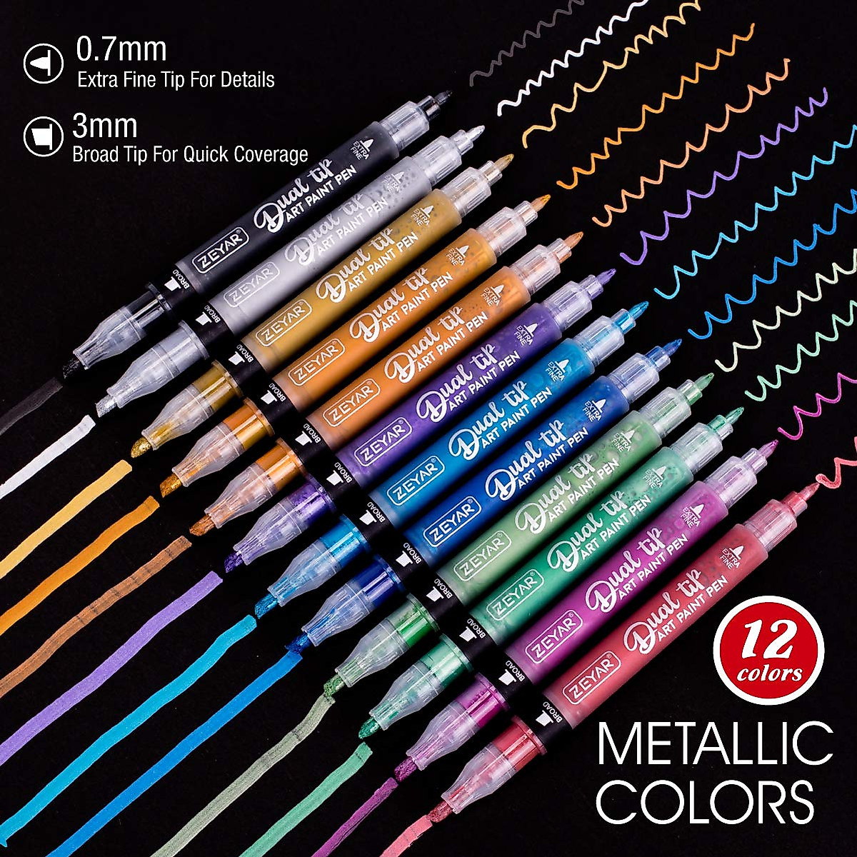 ZEYAR Dual Tip Acrylic Paint Pens 12 Metallic Colors, Board and Extra Fine Tips, Patented product, Water Based Acrylic & Waterproof Ink (12 Metallic Colors)