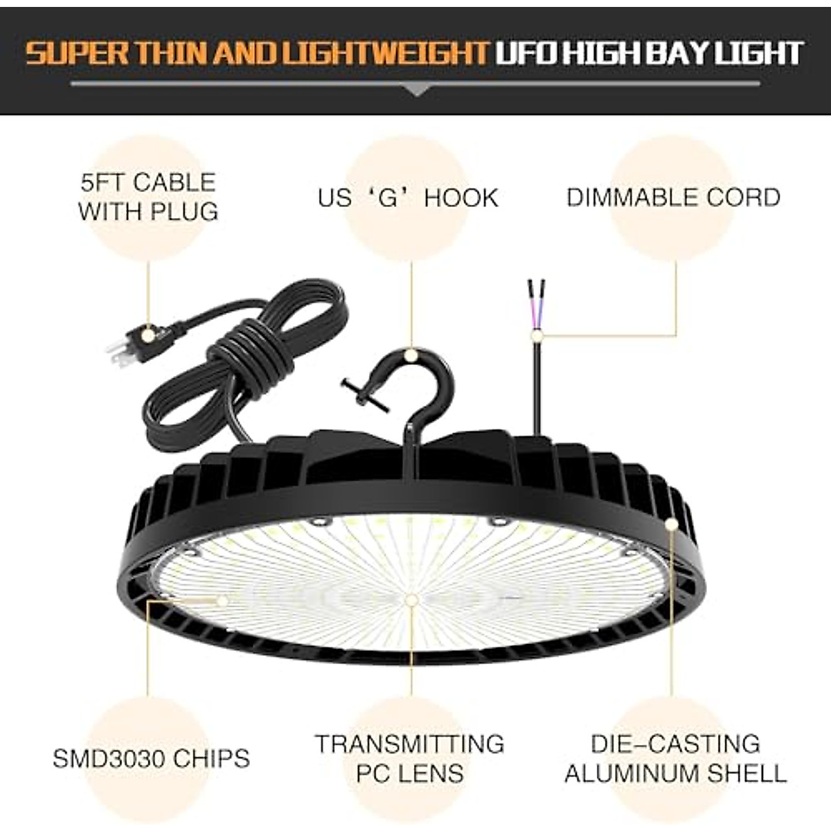 10Pack High Bay LED Lights 240W 33,600LM 5000K 140LM/W, Plug-n-Play High Bay LED Shop Lights, UFO LED Warehouse Lights, 0-10V Dimmable Commercial LED Lights for Warehouse Workshop Factory AC100-277V