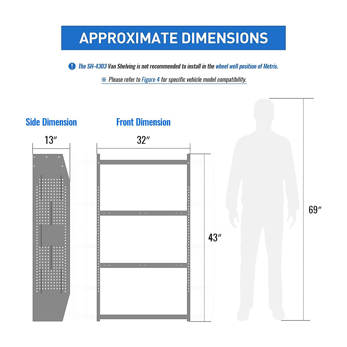 AA Products Inc. SH-4303 Steel Van Shelving Storage System Fits for NV200, Transit Connect 2014+ and Chevy City Express, Contoured Shelving Unit, 32" W x 43" H x 13" D
