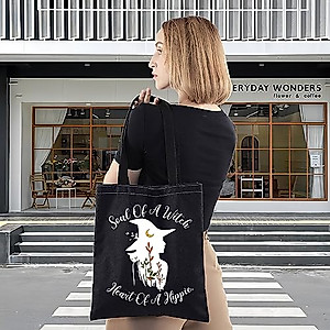 LEVLO Witch Canvas Tote Bag Witchy Gift Soul Of a Witch Heart Of a Hippie Shoulder Bag Witch Magic Merchandise (Soul Of a Witch BT)