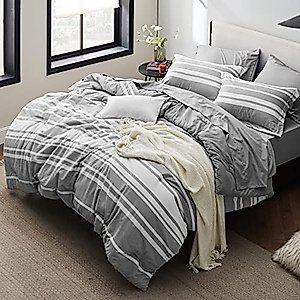 Bedsure Bed in a Bag Full Size 7 Pieces, Gray White Striped Bedding Comforter Sets All Season Bed Set, 2 Pillow Shams, Flat Sheet, Fitted Sheet and 2 Pillowcases