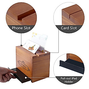 WELLAND Wood Recipe Box with 4 x 6 Inches Cards, Phone Slot on the Top, Pull-out iPad Holder Stand, Card Dividers with Tap
