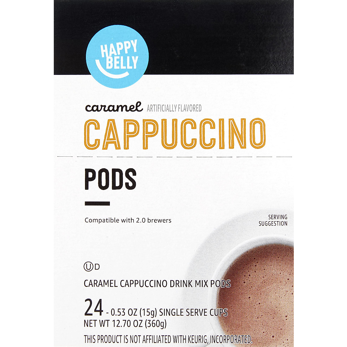 Amazon Brand - Happy Belly Cappuccino Coffee Pods Compatible with 2.0 K-Cup Brewers, Caramel Flavored, 24 Count
