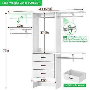 Armocity 5FT Small Closet System with 3 Fabric Drawers, 60 Inches Walk In Closet Organizer System With 3 Adjustable Shelves, Heavy Duty Clothes Rack Built-In Garment Rack, 59" L x 16" W x 71" H, White