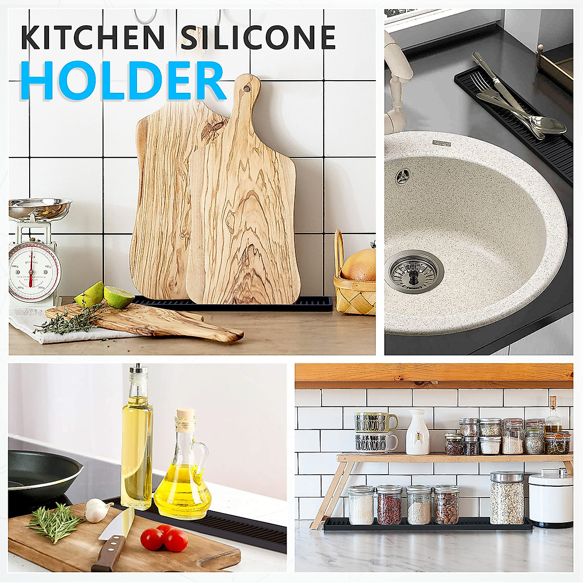 ZAPPOWARE Kitchen Sink Silicone Holder Tray, Vanity & Bathroom Organizer, Bar Coffee Bartender Service Mat, Black, 18"x3.1"