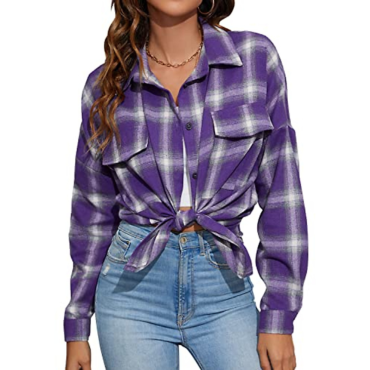 BMJL Womens Flannel Shirts Button Down Shirt Plaid Shacket Collared Long Sleeve Blouses Western Outfit Fall Tops Fashion 2023(Purple Plaid S)