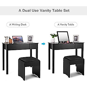 Vanity Table with Flip Top Mirror, Solid Wood Makeup Dressing Table , Writing Desk with Cushioned Stool Set, 2 Drawers for Different Sized Makeup Accessories, Bedroom Bathroom Organizers (Black)