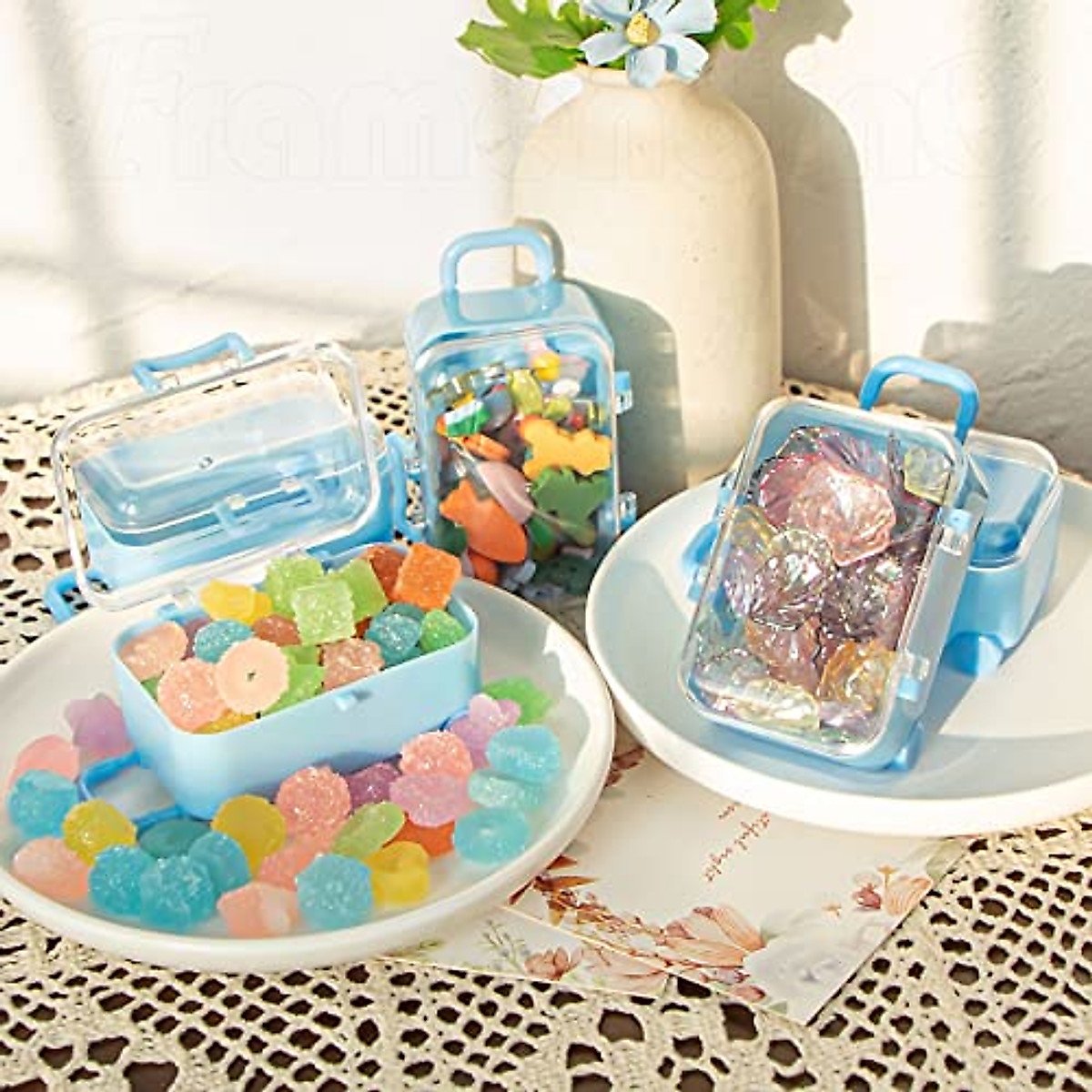 Framendino, 12 Pack Blue Mini Travel Suitcases Box Plastic Candy Boxes Gift Box Transparent Tiny Jewelry Storage Cases for Wedding Party Decorations