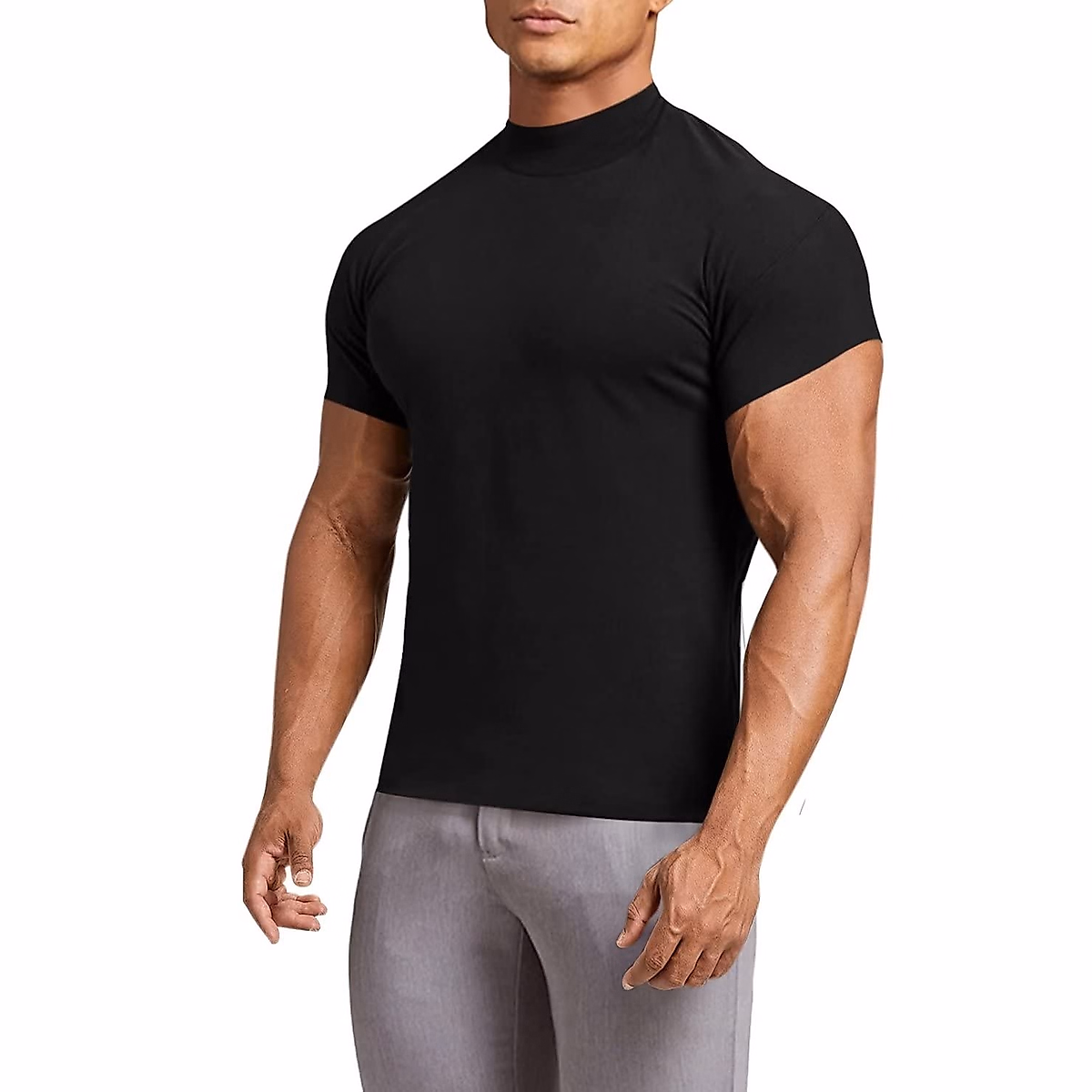 Men's Mock Turtleneck Short Sleeve Pullover Shirts Athletic Muscle Undershirt Thermal Top Black L