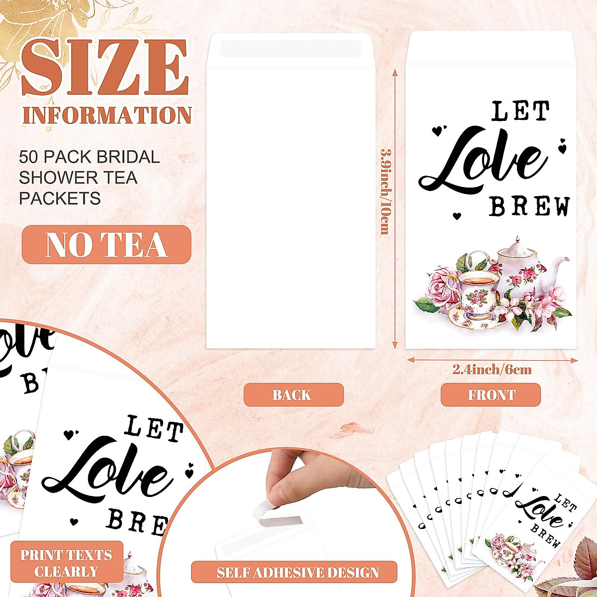 Skybooly 50 Set Tea Party Bridal Shower Favors Tea Bags Tea Packets Kraft Paper Envelopes Heart Spoon Mini Coffee Spoons with Thank You Card and Organza Bag Wedding Souvenirs Tea Party Favor for Guest