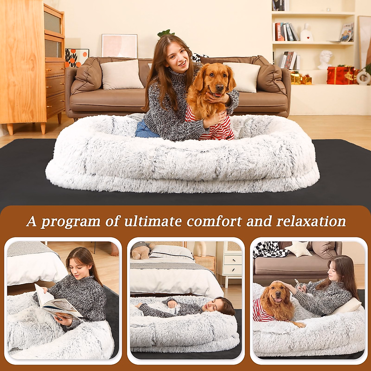 Human Dog Bed, 71"x45"x12" Orthopedic Washable Humans Size Bed, Faux Fur Plush Bed for Human Adults Doze Off, Napping with Blanket - Grey
