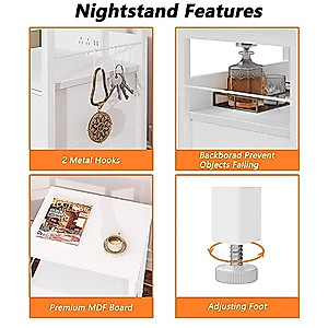 Furologee End Table and Bookshelf, Nightstand with Charging Station, Tall Narrow Bookcase with Shelves, Side Table with Storage Shelf & Hooks, for Living Room/Bedroom