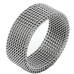 JAJAFOOK Jewelry 8mm Flexible Silver Woven Mesh Band Stainless Steel Screen for Unisex Ring Jewelry