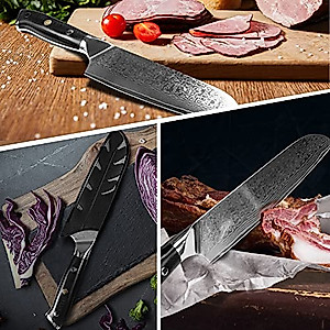 XYJ Professional Damascus Chef Knife VG10 High Carbon Stainless Damascus Steel Knife Ergonomic G10 Handle Razor Sharp 7" Japanese Santoku Knife with Knife Sheath & Gift Box