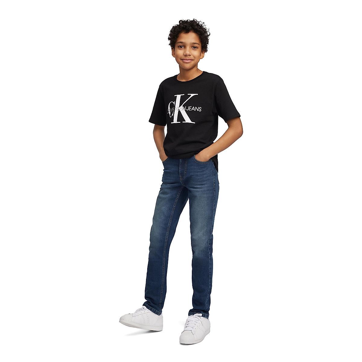 Calvin Klein Boys' Short Sleeve Logo Crew Neck T-Shirt, Soft, Comfortable, Relaxed Fit, True Black, 14-16