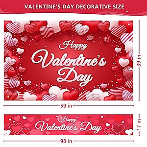 Valentines Day Banner Decor, Happy Valentine's Day Backdrops Banner Decoration, Large Yard Fence Banner & Backdrops Photography for Home, Hanging Red Heart Valentines Day Party Romantic Decor Favor