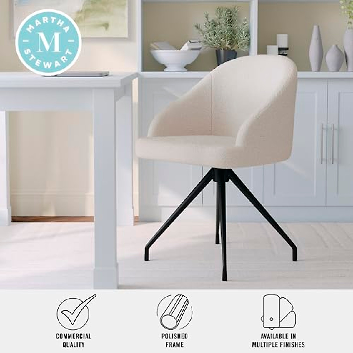 Martha Stewart Sora Stationary Swivel Task Chair with Sloped Arms for Home Office in White Boucle with Oil Rubbed Bronze Frame
