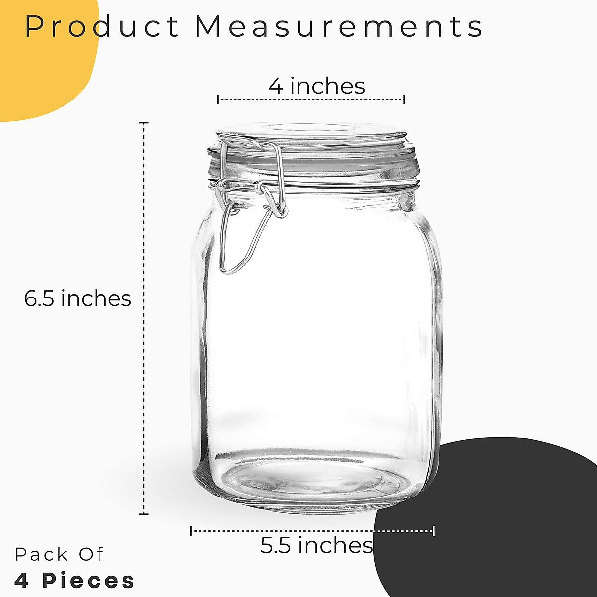 Xabono 4 Pack Wide Mouth Glass Jars with Airtight Lid 32 oz Storage Containers Lids Clear Jar Leak Proof Food Kitchen Cereal Pasta (WMGJAL1)