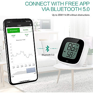 Wireless Thermometer Hygrometer for iPhone/Android, Smart Bluetooth Humidity Temperature Sensor with Alarm and Data Storage for Green House Guitar Camera Storage Humidor Incubator Monitor