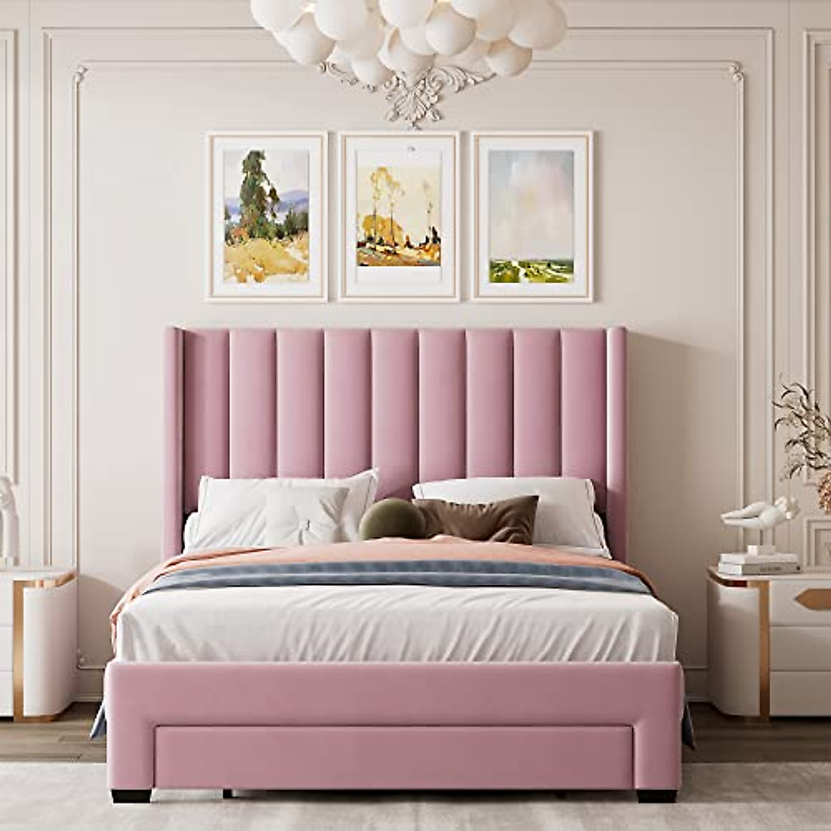 Rockjame Full Size Bed Frame, Velvet Upholstered Platform Bed Frame Full with Headboard and Storage Drawer, No Box Spring Needed (Pink)