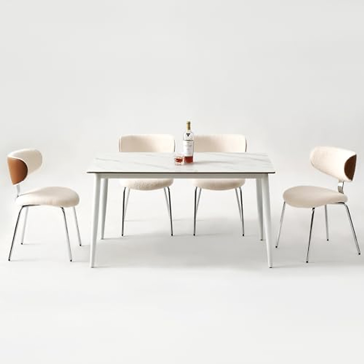 GrandNoor Modern Boucle Dining Chairs Set of 2,Faux Leather Kitchen & Dining Room Chairs,Curved Backrest Upholstered Dining Chairs with Metal Legs, White