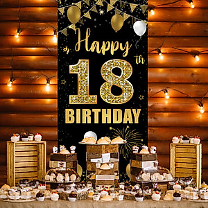 18th Birthday Door Banner Backdrop, Happy 18th Birthday Decorations for Girls Boys Black Gold, 18 Years Old Birthday Party Photo Props Yard Sign for Outdoor Indoor, Sturdy, Vicycaty