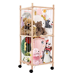 Stuffed Animal Storage, Stuffed Animal Zoo Wood Storage Box with 360° Brake Wheels, Toy Organizer Plush Toy Holder Nursery Room Organizer Zoo Cage for Kids Playroom, Bedroom, Nursery