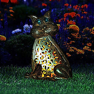 A-FFORDABLE Outdoor Garden Yard Landscape Decorations Cat Lamp 3D Christmas Yard Feline Metal Figures Solar Power Amber LED Light