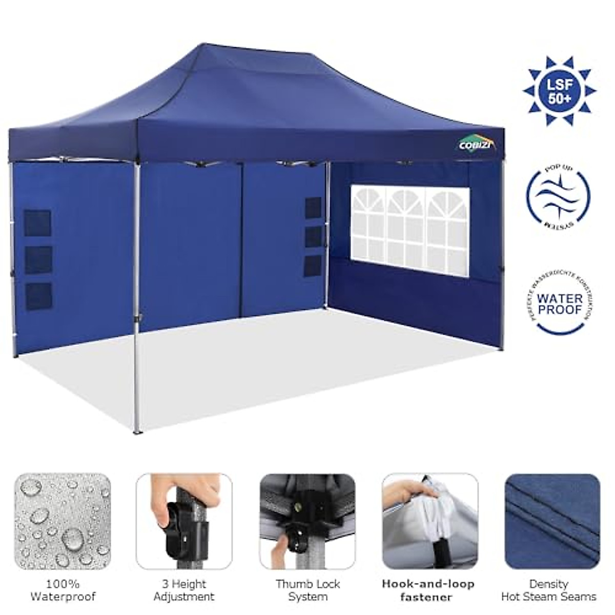 COBIZI 10x15 Pop Up Canopy with 4 Sidewall(Dark Blue)