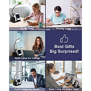 Sailstar Desk Lamp with Wireless Charger USB Charging Port, LED Desk Lamps for Home Office, 800LM 3 Lighting Modes Dimmable Pen Holder 360°Gooseneck, Eye-Caring Desk Light for College Dorm Room, Black