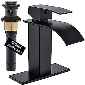 HYEASTR Waterfall Bathroom Faucet Single Handle Bathroom Sink Faucet with Overflow Pop Up Drain & Supply Lines Matte Black 1 Hole