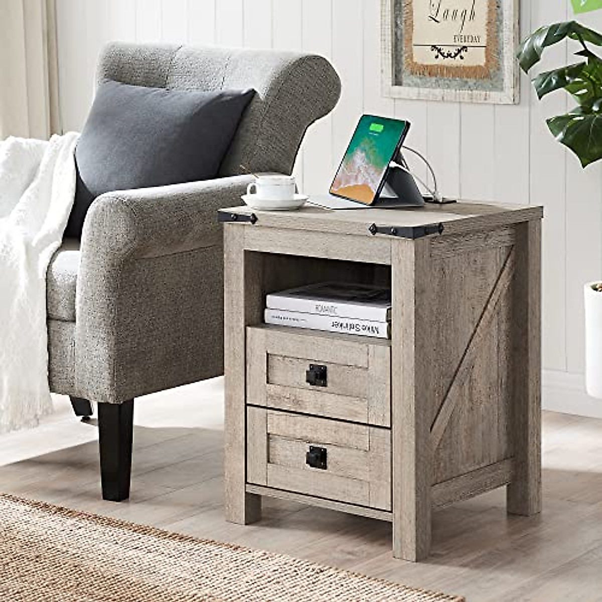 T4TREAM Nightstand wtih Charging Station, End Table, Side Table with 2 Drawers Storage Cabinet for Bedroom, Living Room, Farmhouse Design, Wood Rustic,Light Rustic Oak