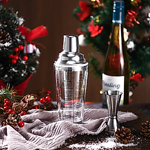 Glass Cocktail Shaker Printed with Recipes,14 oz Martini Shaker with Double Measuring Jigger,18/8 Grade Stainless Steel Mixing Shaker,Leak-Proof Lid,Drink Shaker,Bartender Kit Gifts.