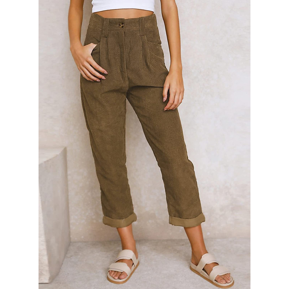 Acelitt Women's Corduroy Pants Trousers High Waisted 2024 Casual Trendy Comfy Fall Straight Leg Cropped Pants Brown Large