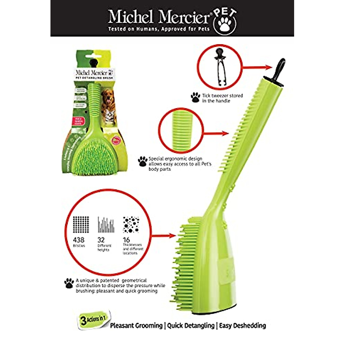 Michel Mercier Grooming Brush -Pet Brush Dog and Cat Brush for Shedding Grooming Pet Hair Brush for Long/Short Haired - Free Tick Remover Tool Included (Fine & Regular Coat)
