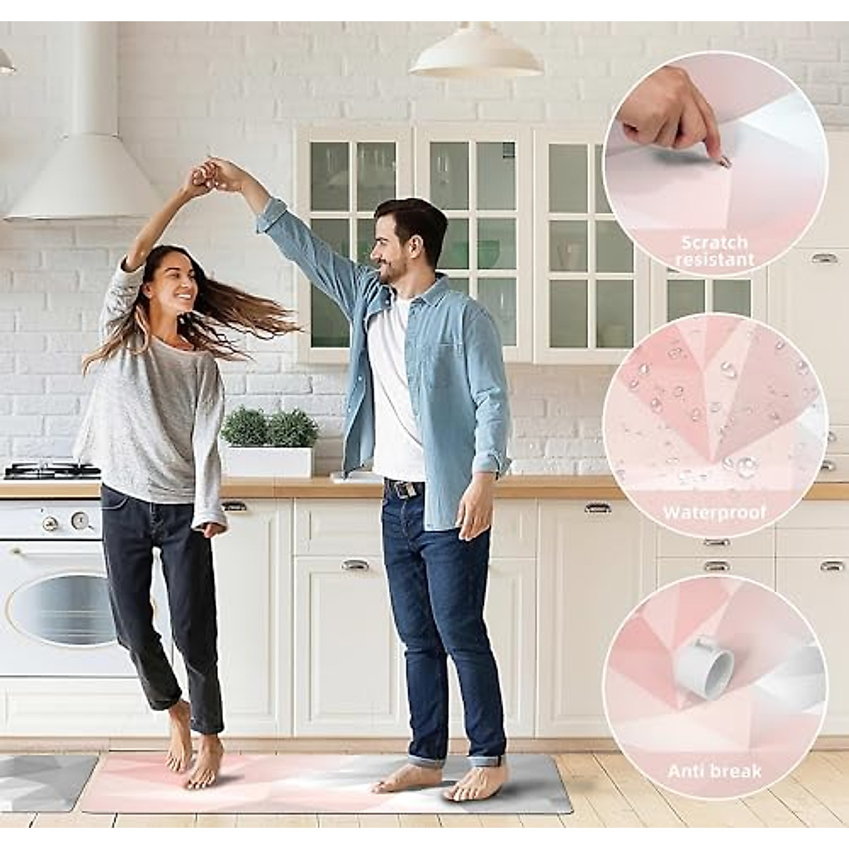 chiinvent Pink Kitchen Rug Set of 2, Anti-Fatigue Pink and Grey Marble Kitchen Mat, Non-Slip Waterproof Comfort Standing PVC Kitchen Mats for Floor, Memory Foam Cushioned Rugs,17.3"x28"+17.3"x47"