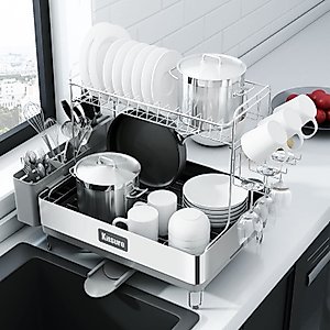 Kitsure 2-Tier Dish Rack, Large Capacity, Stainless Steel, Dish Drying Rack with Drainboard, Multifunctional Kitchen Dish Rack for Dishware