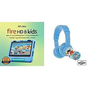 All-new Fire HD 8 Kids Tablet Bundle. Includes Fire HD 8 Kids Tablet | Blue & Made For Amazon PlayTime Volume Limiting Bluetooth Kids Headphones Age (3-7)| Blue